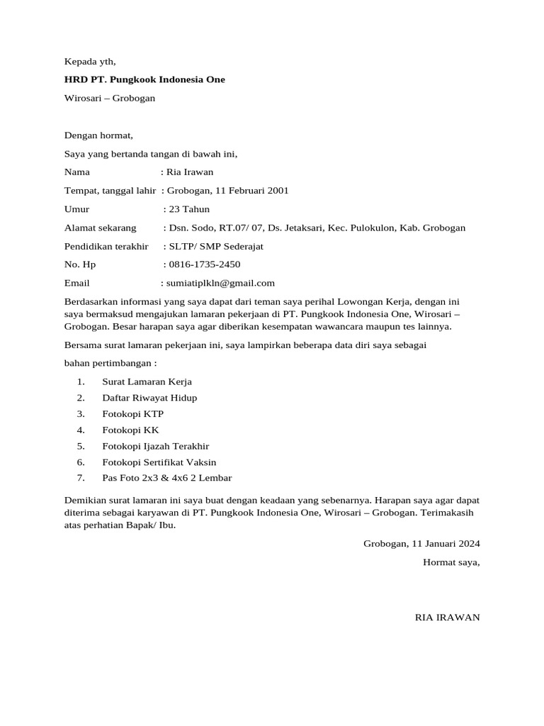 Surat Lamaran Ria Irawan | PDF