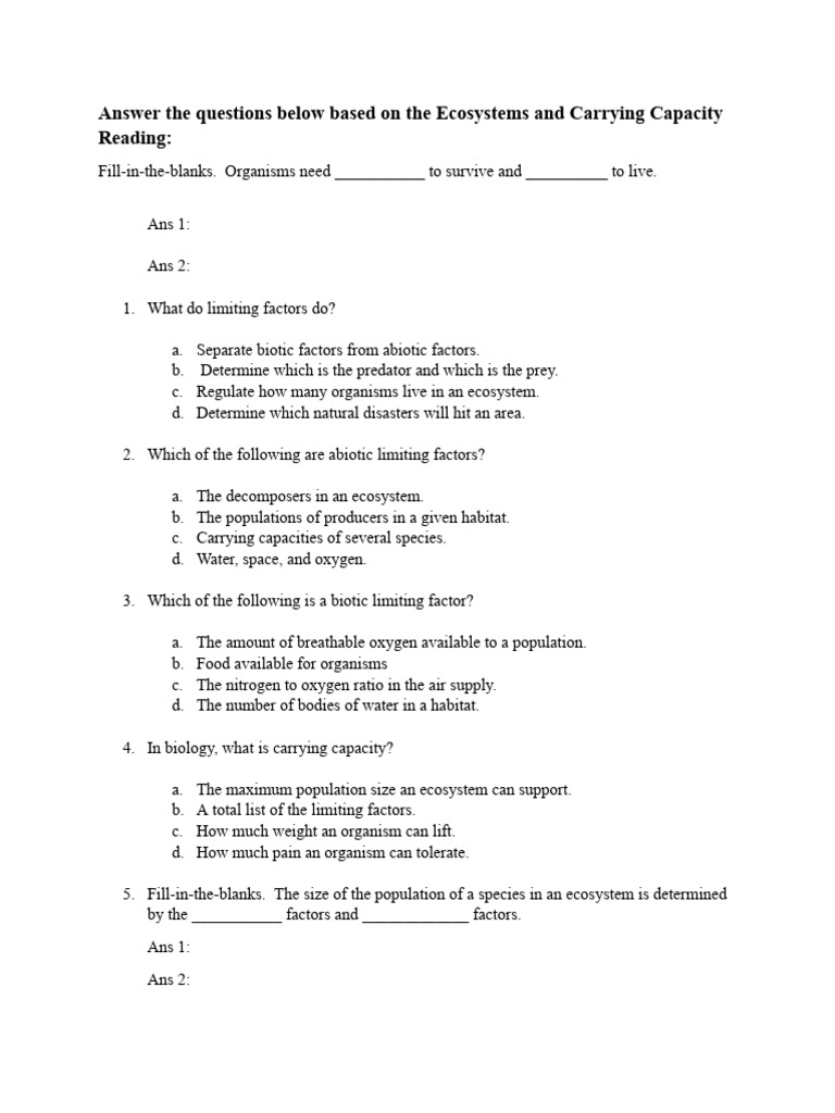 Ecosystems - CARRYING CAPACITY Questions | PDF | Ecosystem | Natural ...