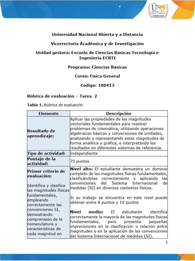 Rúbrica Evaluación Tarea 2 Física UNAD | PDF | Vector Euclidiano ...