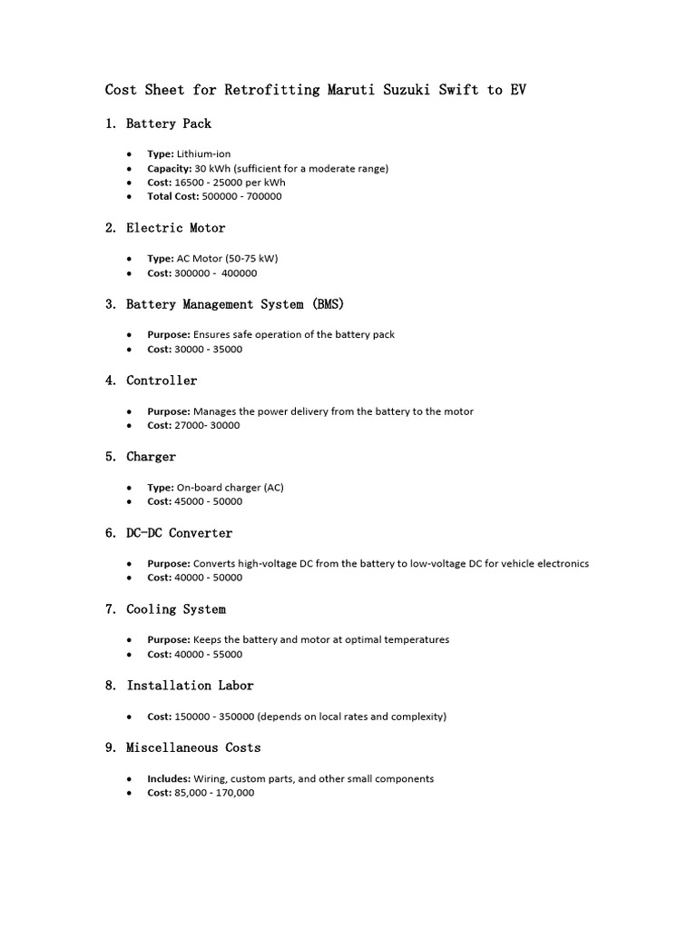 Cost Sheet For Retrofitting Maruti Suzuki Swift To | PDF