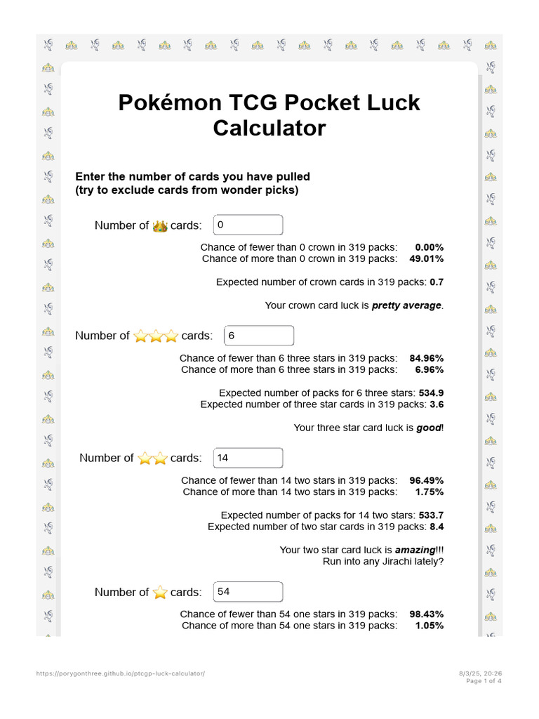 Pokémon TCG Pocket Luck Calculator | PDF | Gaming Devices | Games Of Chance