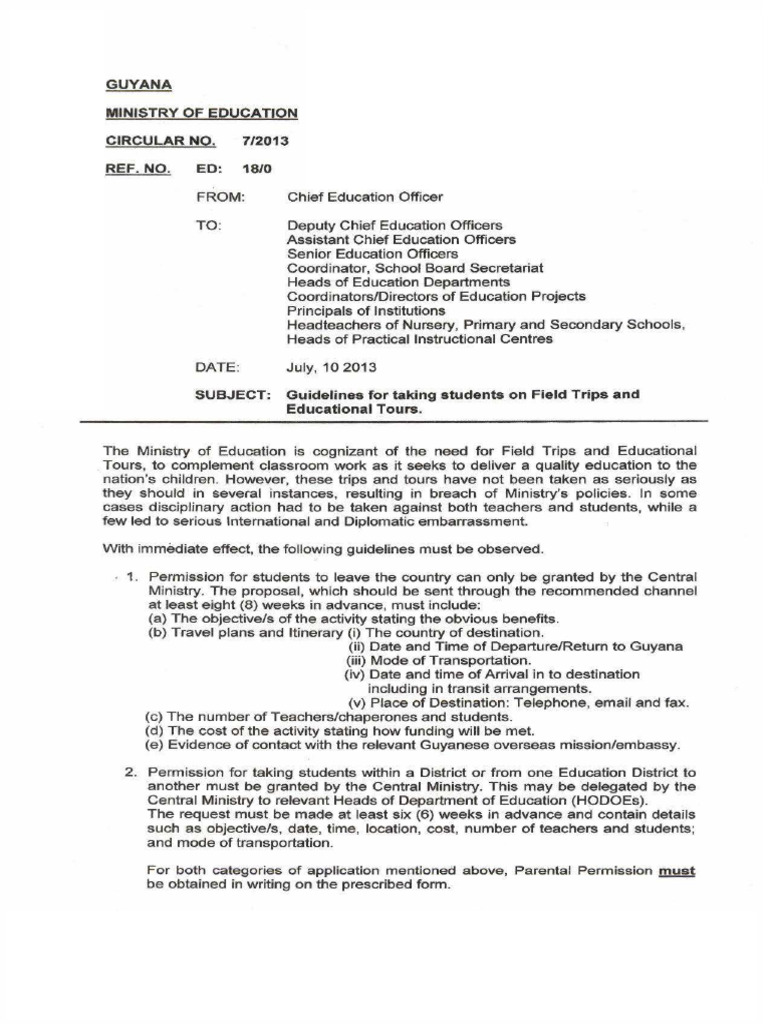 Circular - Guidelines For Field Taking Students On Field Trips | PDF