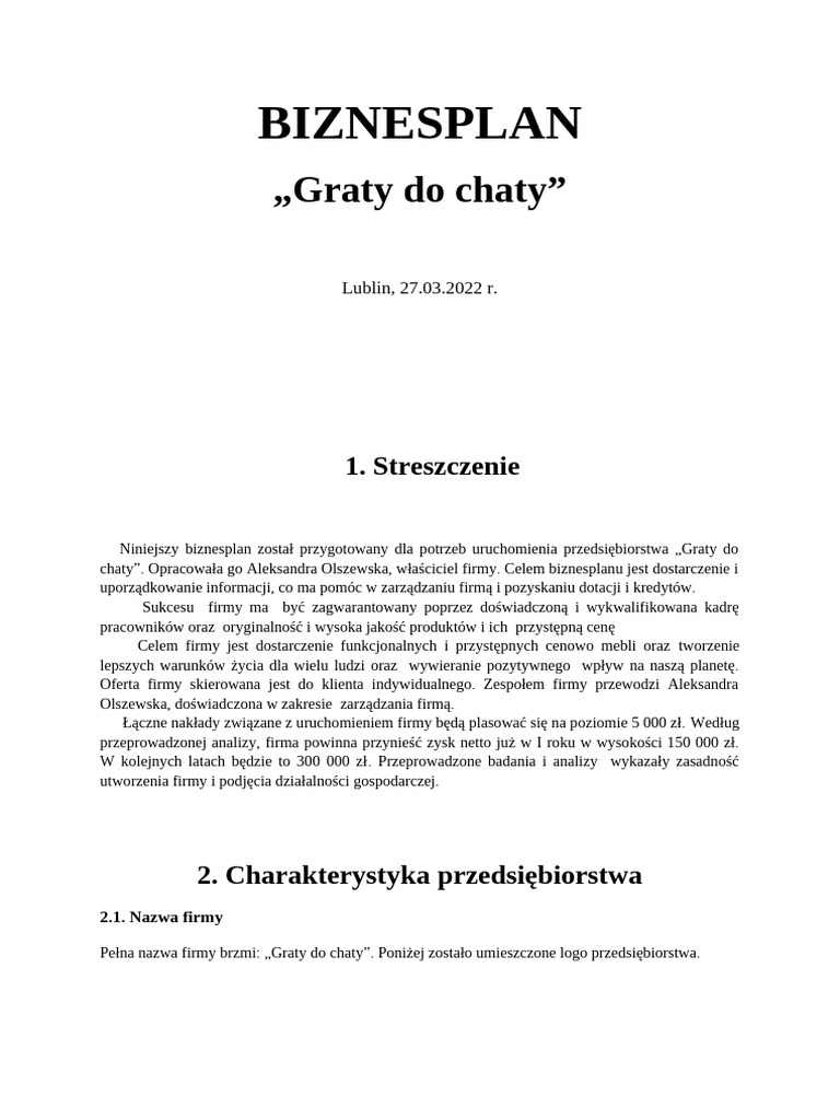 BIZNESPLAN 1 | PDF
