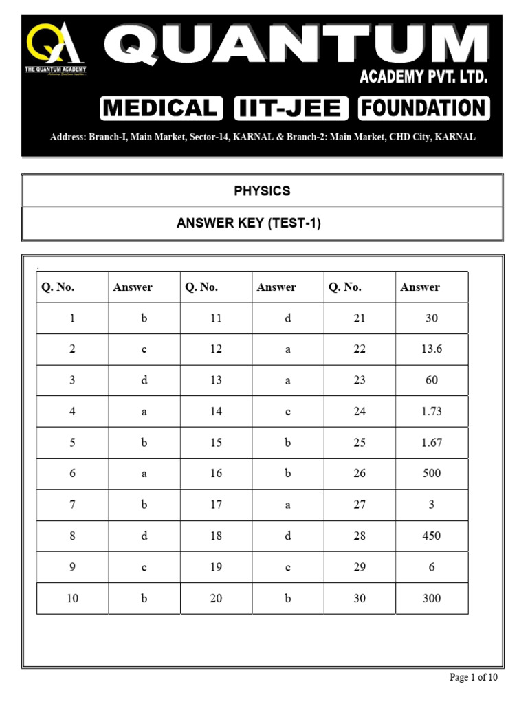 Test-1 Answer Key (Physics) | PDF