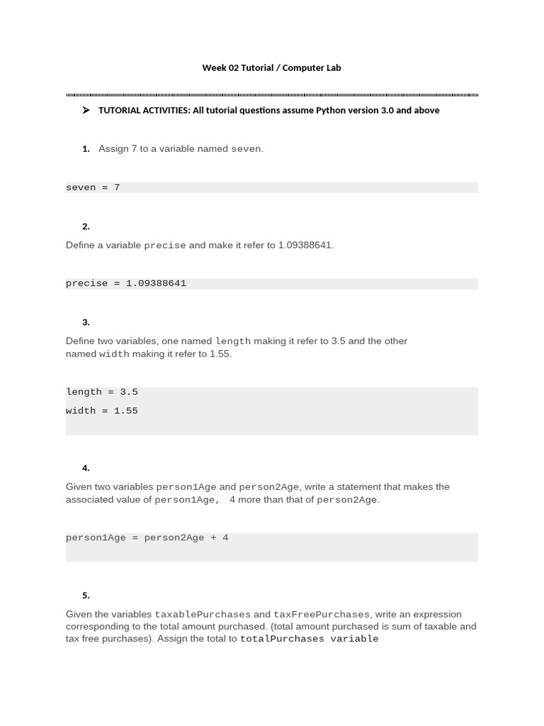 st1 Week 02 Tut Lab New Updated | PDF | Python (Programming Language) | Integer (Computer Science)