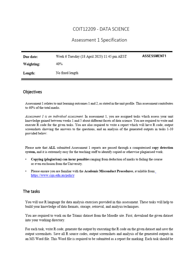 Assignment 1 Specification - T1 - 2023 - COIT12209 | PDF | Plagiarism | Computing