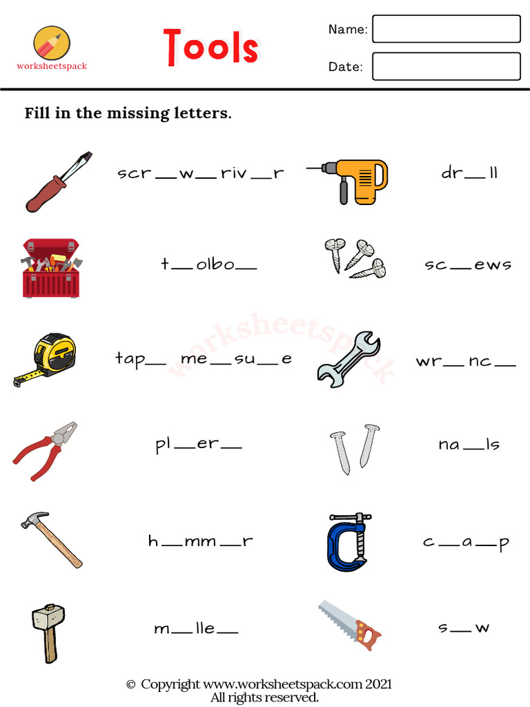 Tools Missing Letters Worksheet | PDF