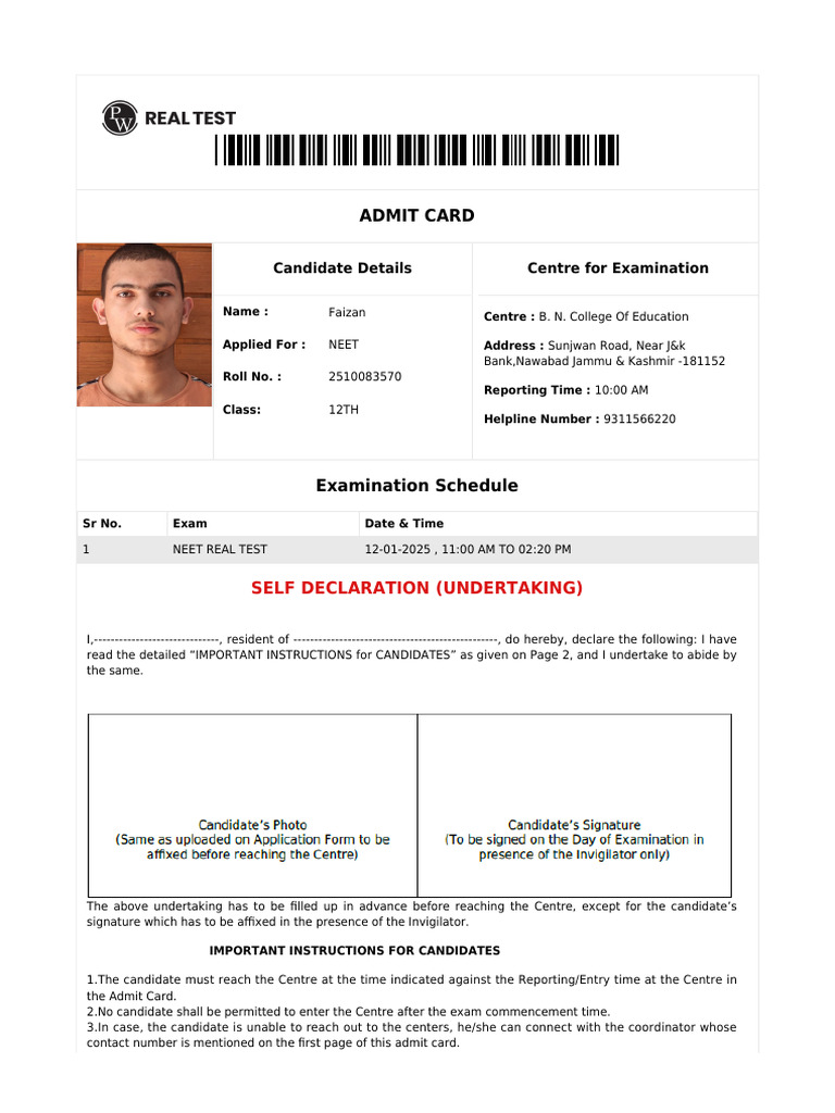 Admitcard 2510083570 6408078 | PDF | Identity Document