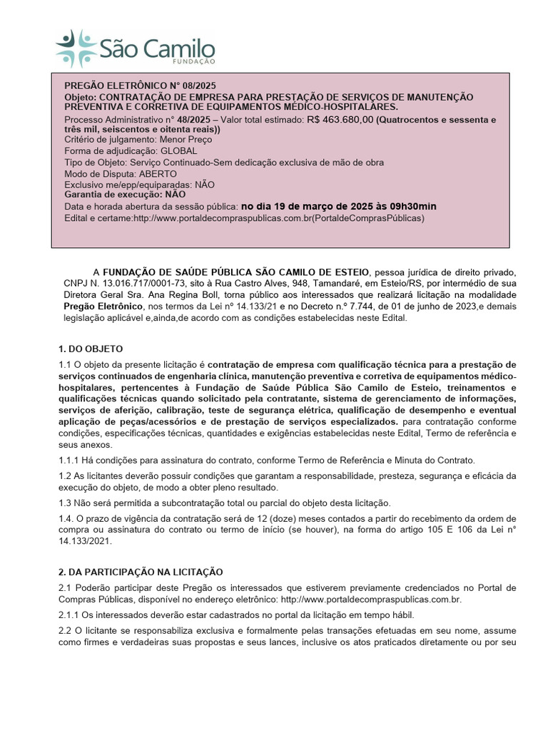 PE 08.2025 - Manutenção Mat. Méd. Hospitalar - P Jur Assimar | PDF