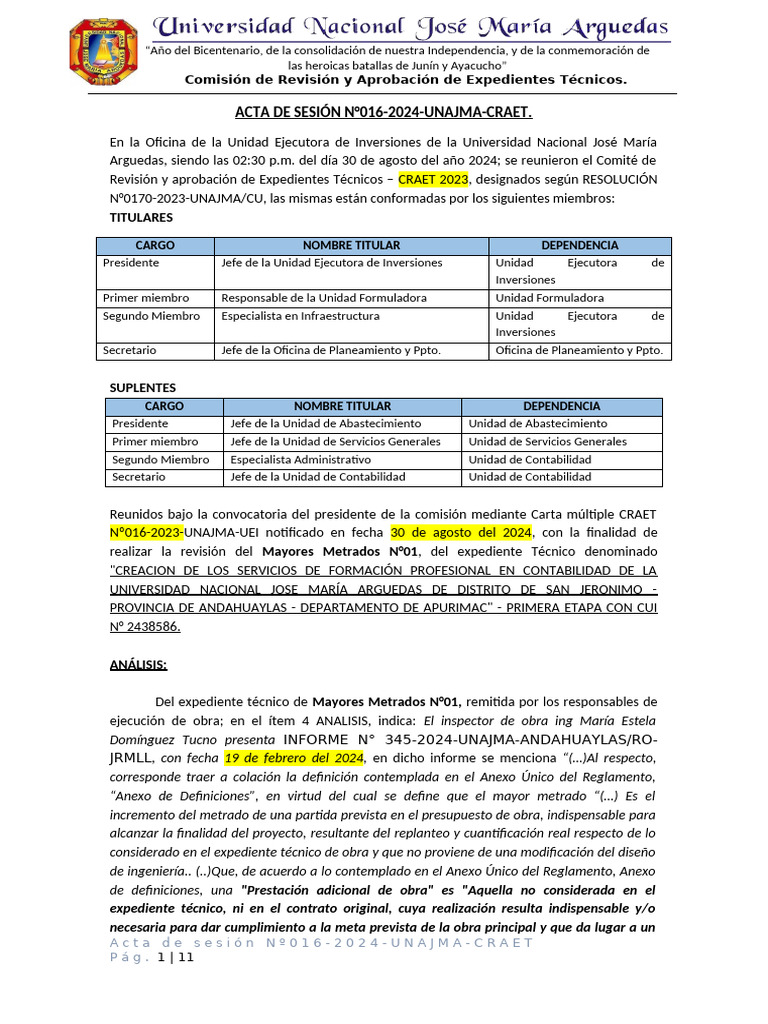 Aprobación De Mayores Metrados Unajma Pdf Presupuesto Albañilería