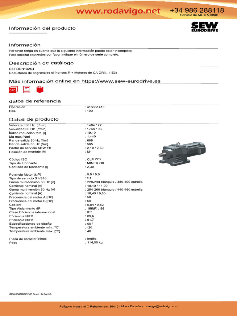 Motorreductor Engranaje Cilindrico r87 drn132s4 Sew Eurodrive | PDF ...