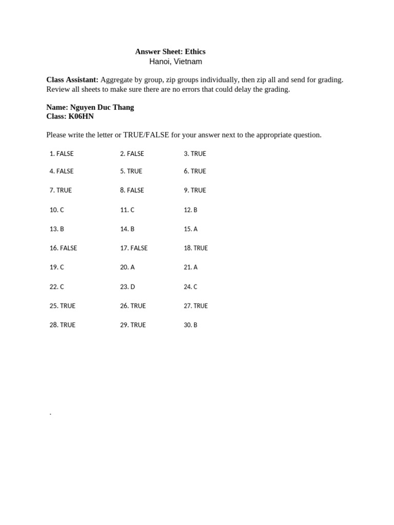 Ethics Answer Sheet For Grading Pdf