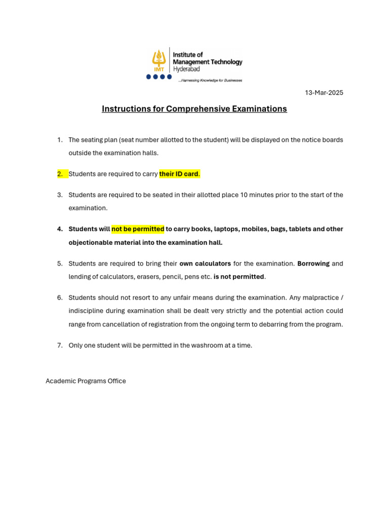 Comprehensive Exam Instructions 2025 | PDF