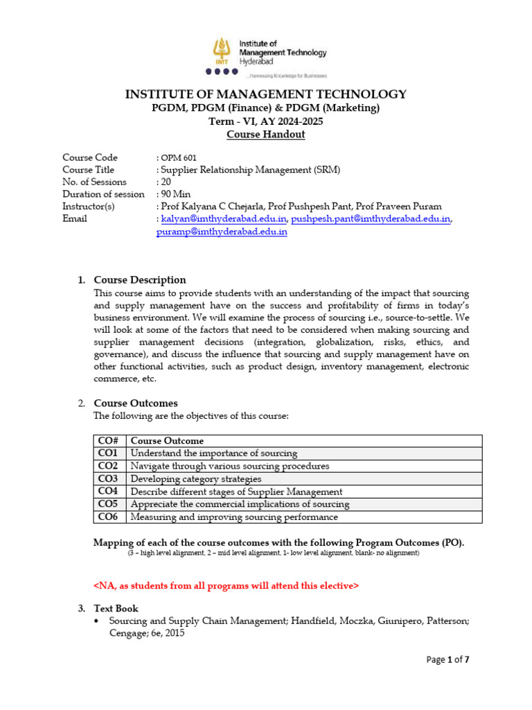 OPM 601 - SRM Course Handout - 2024 - 25 v2 | PDF | Plagiarism | Procurement