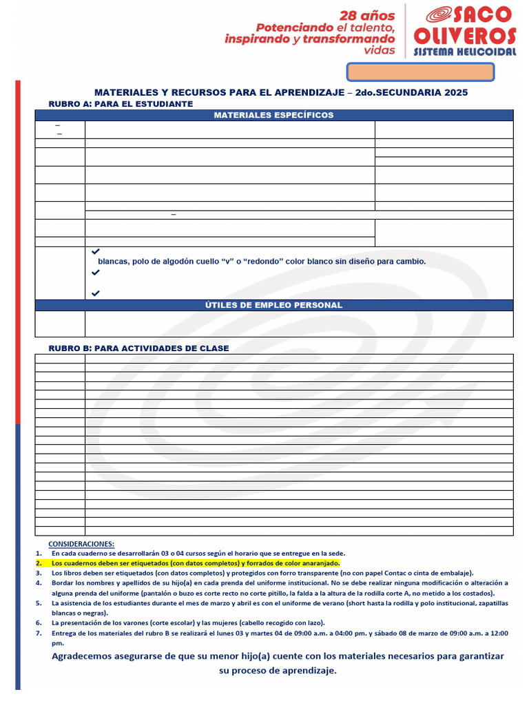 Lista de Útiles - 2do Sec - 2025 | PDF
