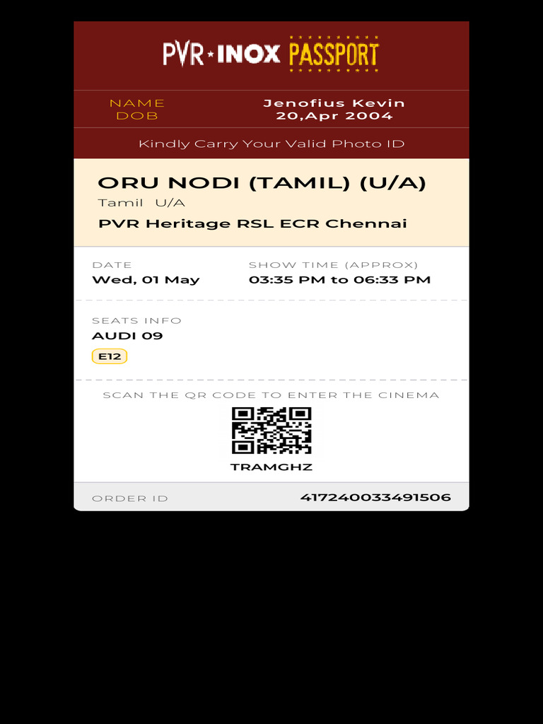 Oru Nodi (Tamil) (U/A) : PVR Heritage RSL ECR Chennai | PDF