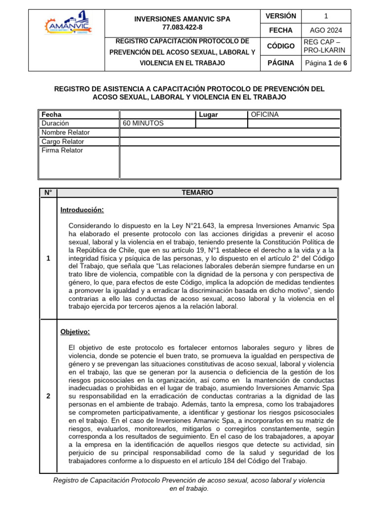 Reg. Capacitacion Protocolo Ley Karin | PDF | Acoso sexual | Sexismo