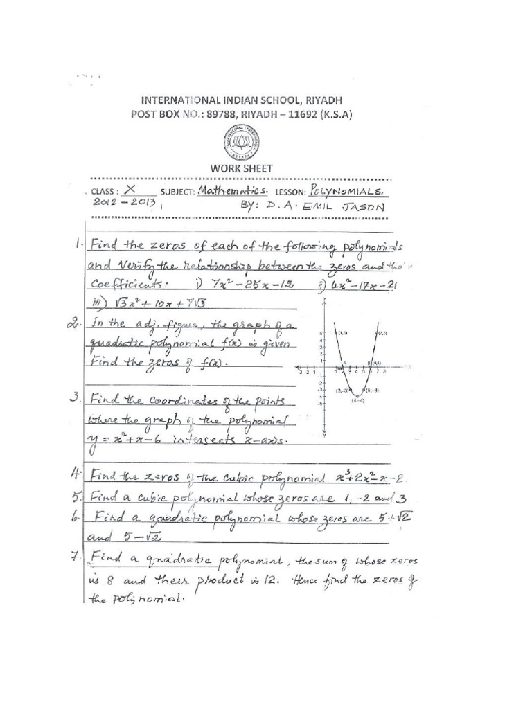 CBSE Class 10 Maths Worksheet - Polynomials | PDF
