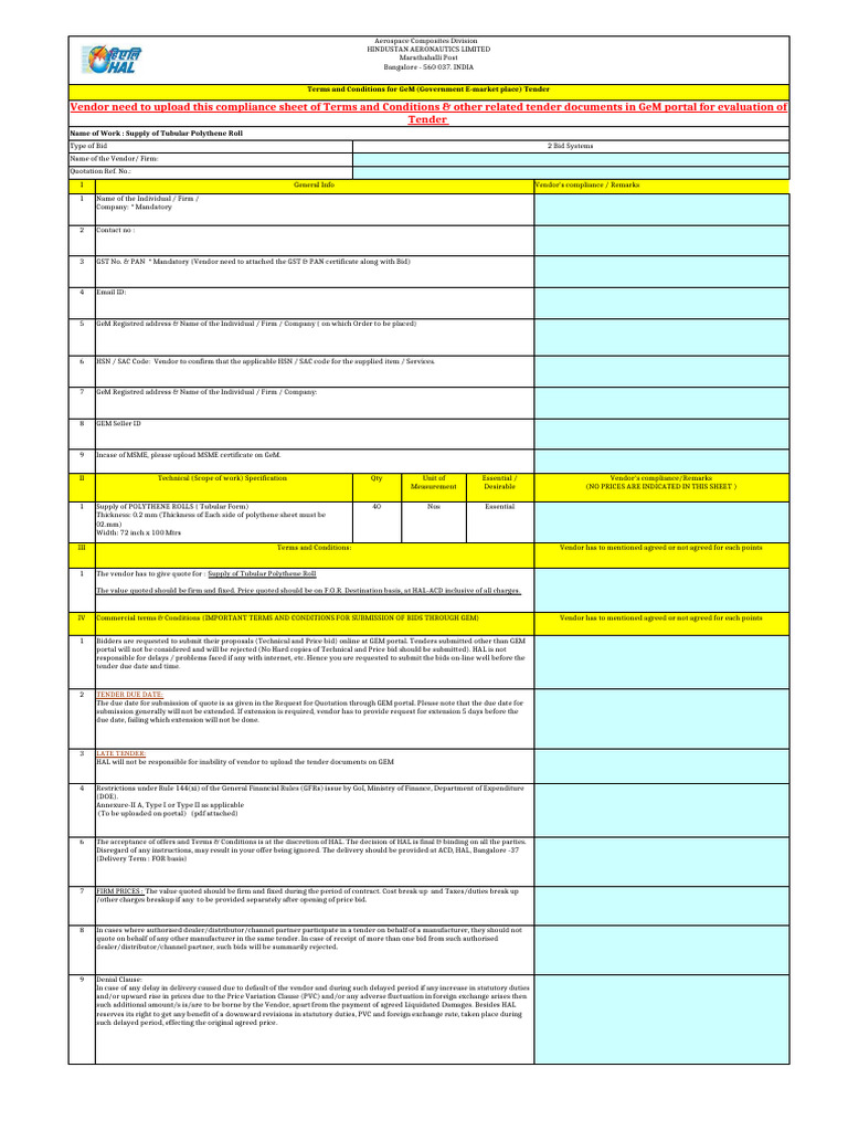 Vendor Need To Upload This Compliance Sheet of Terms and Conditions & Other Related Tender ...