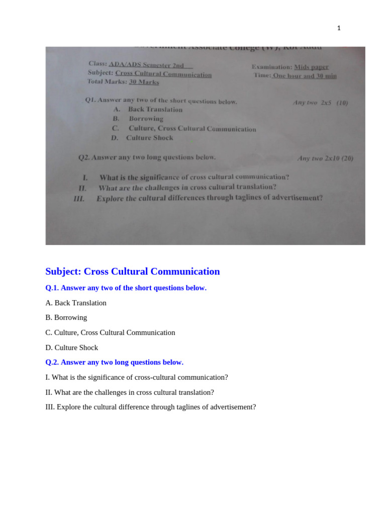 Cross Cultural Communication Solved Paper | PDF | Translations | Cross ...