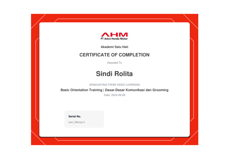 Akademi Satu Hati Completion Certificate | PDF