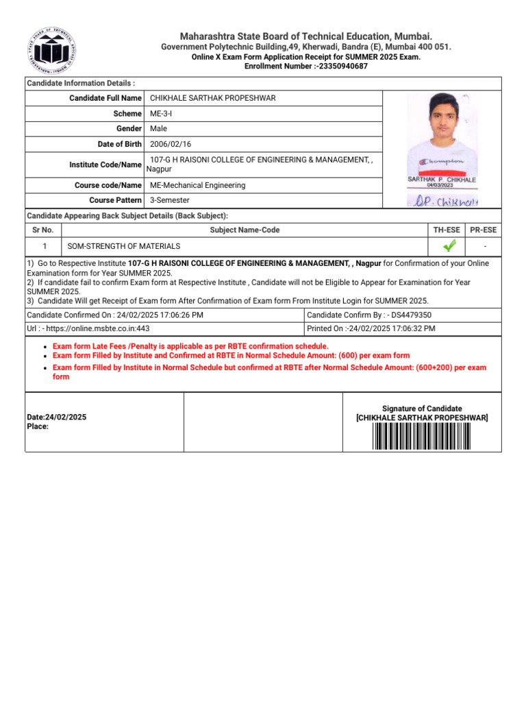 Exam Form Application of Candidate For DS4479350 | PDF | Qualifications ...
