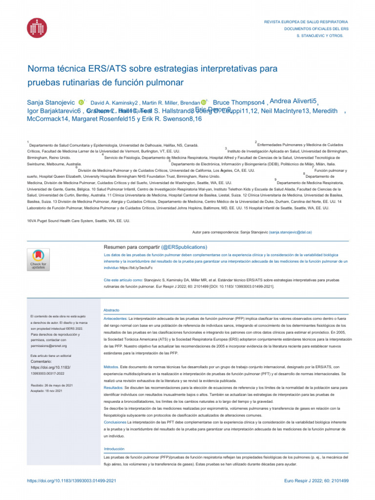2022 ERS Interpretacion de Test de Funcion Pulmonar | PDF | Diagnostico ...