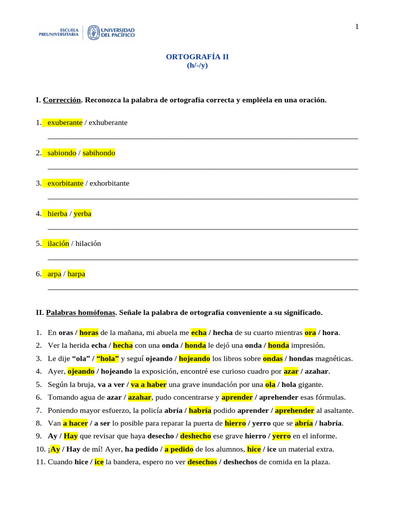 3b Ortografía II (H-Y) Tarea (Sol.) | PDF