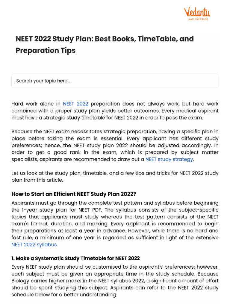 NEET 2022 Study Plan - Best Books, TimeTable, and Preparation Tips | PDF