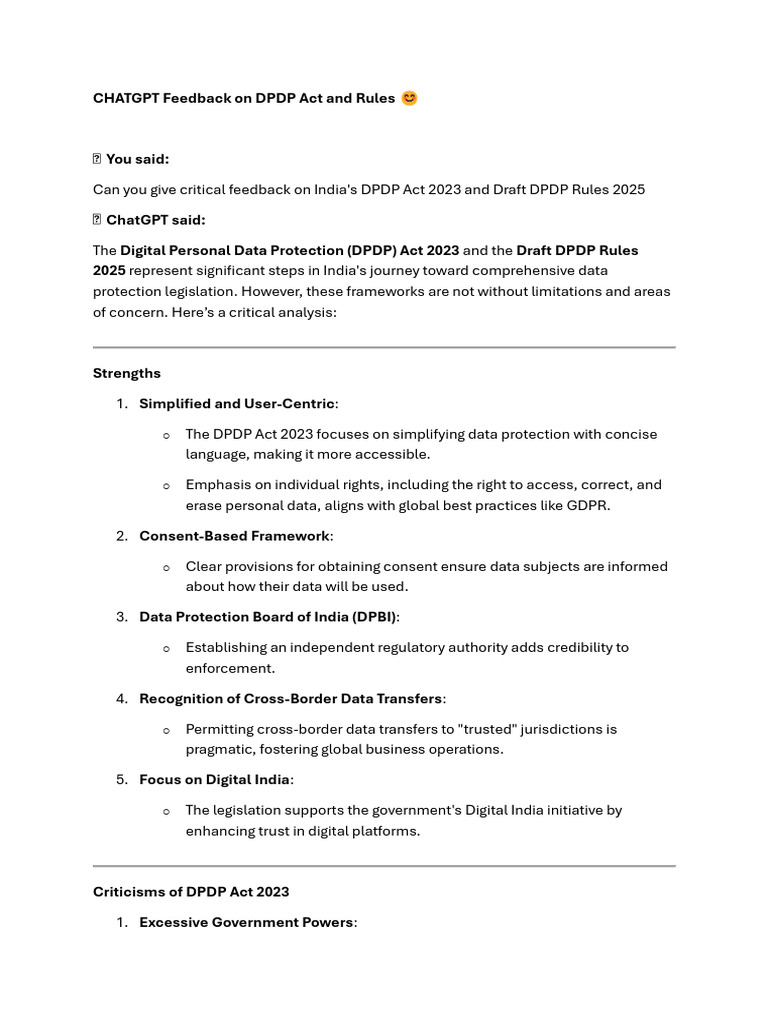 CHATGPT Feedback On DPDP Act and Rules | PDF | Regulatory Compliance ...