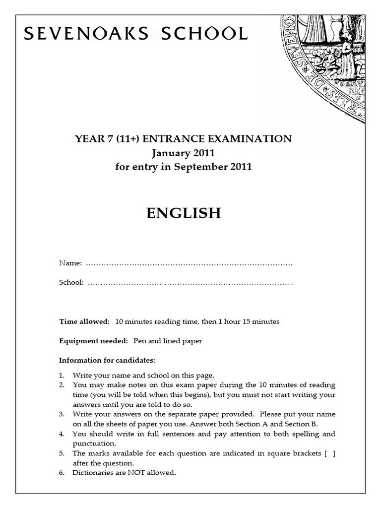 Year 7 English Entrance Exam 2011 | PDF