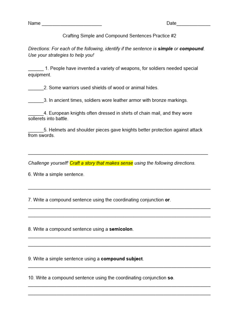 Crafting Simple and Compound Sentences Practice #2 | PDF