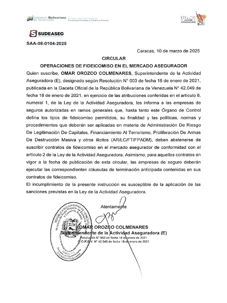 Circular Operaciones Fideicomiso Marzo 2025 | PDF
