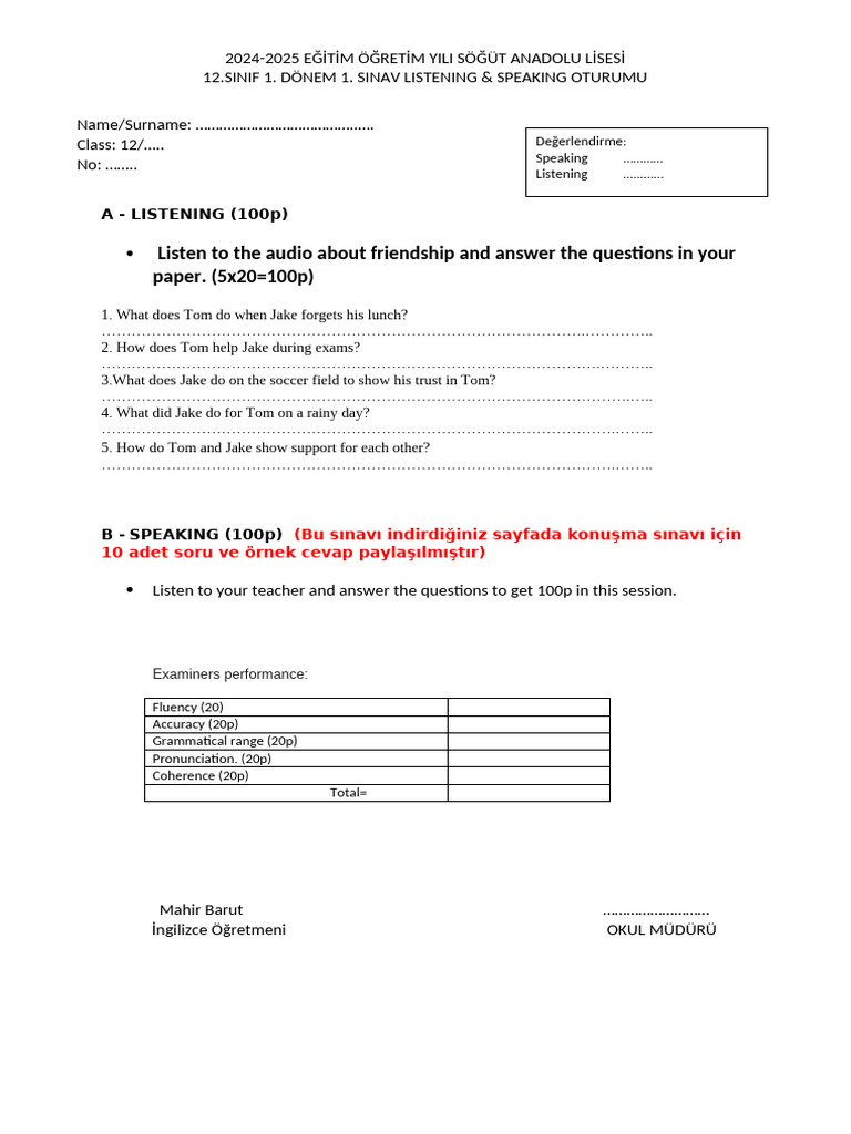 12.sinif 1.donem 1.listening Speaking Ornek Sinav Kagidi Yeni | PDF
