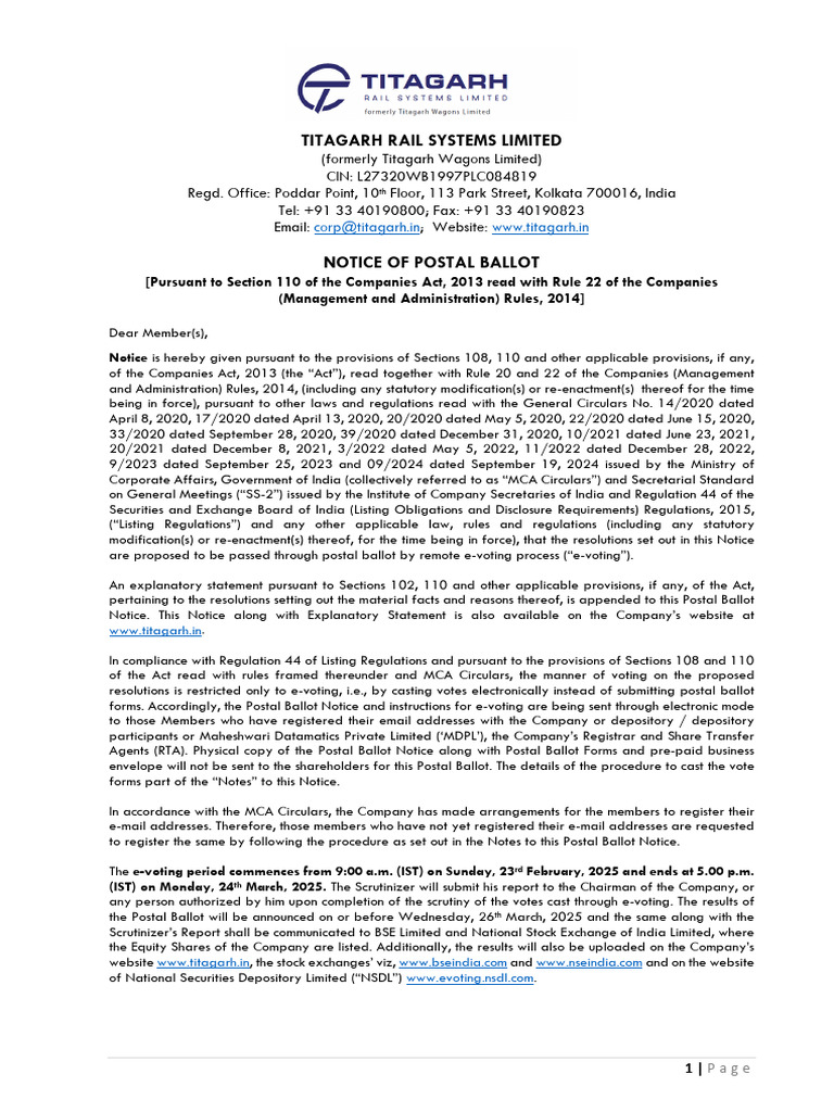 Postal Ballot Notice 13.02.2025 | PDF | Login | Electronic Voting