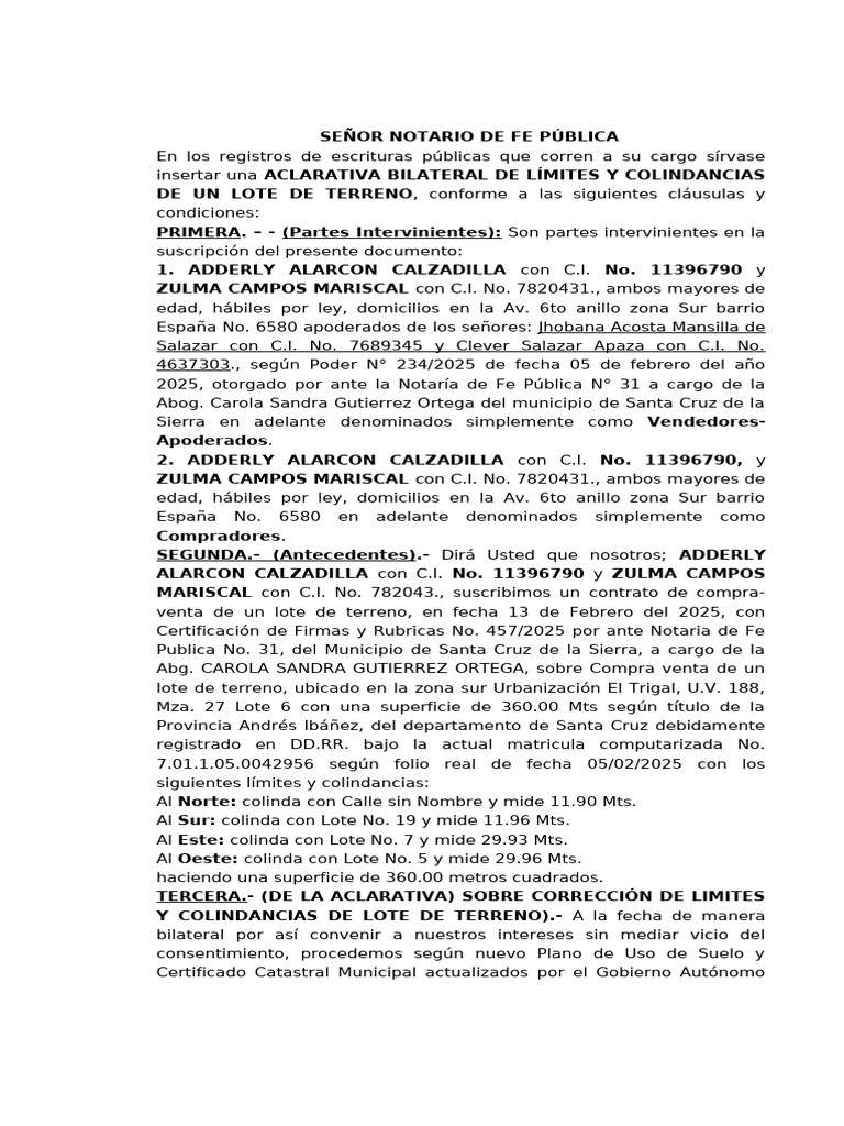 Aclarativa de Limites y Colindancias - Adderly Alarcon Calzadilla | PDF
