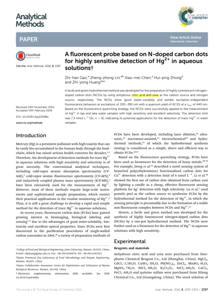 Bom - Temos - Reag - Fazer - A Fluorescent Probe Based On N-Doped Carbon Dots | PDF | X Ray ...
