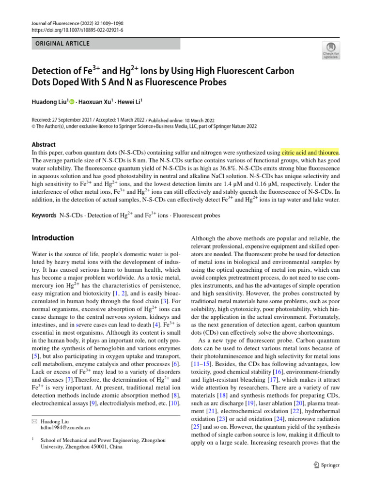 Bom_Temos_reag_Detection of Fe3+ and Hg2+ Ions by Using High Fluorescent Carbon Dots Doped With ...