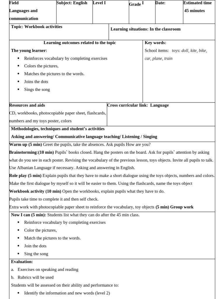 Grade 1 English Vocabulary Workbook Activities | PDF