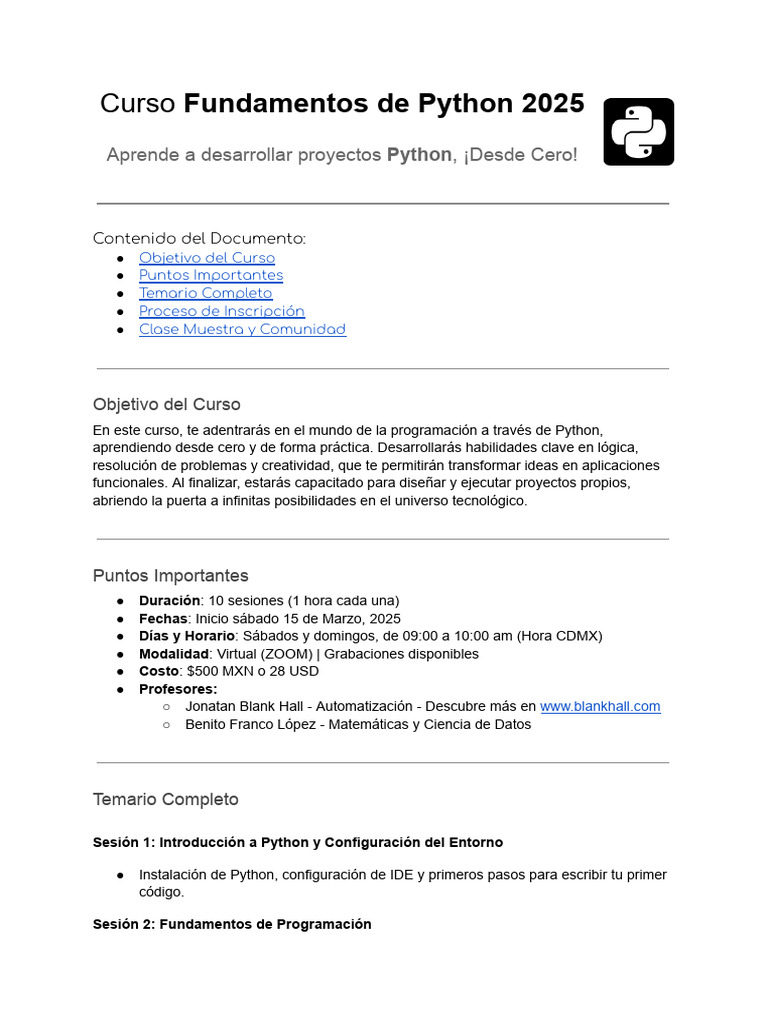 Temario y Proceso de Inscripción - Fundamentos de Python 2025 | PDF | Python (lenguaje de ...