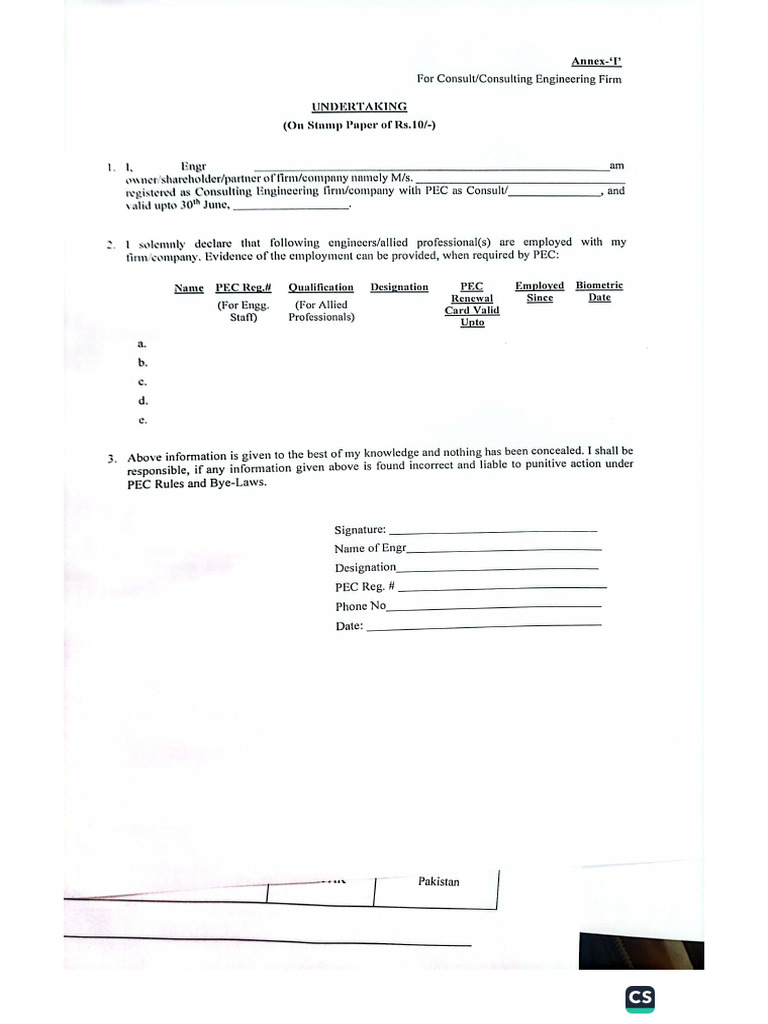 PEC Engineer Undertaking | PDF