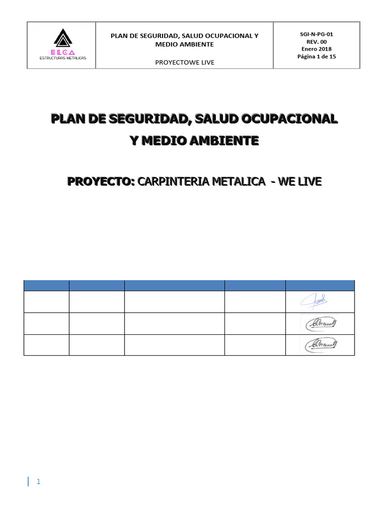 Plan de Seguridad, Salud y Medio Ambiente Del Proyecto | PDF | Seguridad y salud ocupacional ...