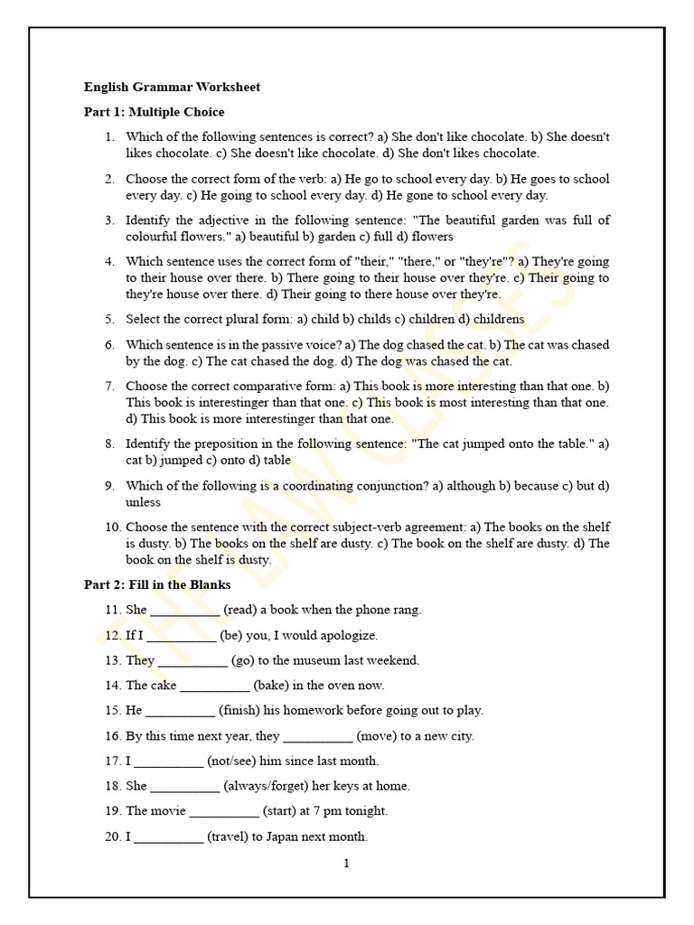 English Grammar Practice Worksheet | PDF | Linguistics | Grammar