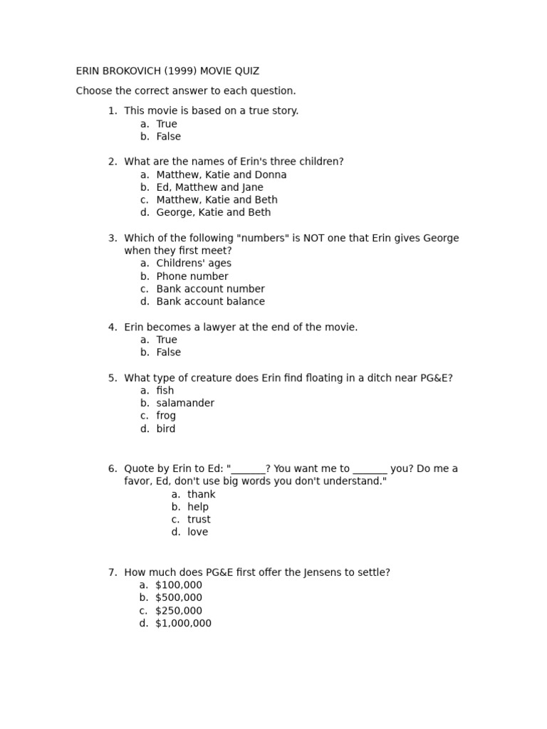 ERIN BROKOVICH Movie Quiz | PDF