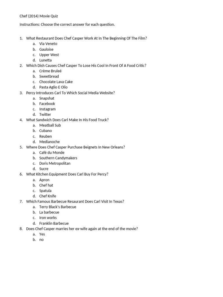 Chef (2014) Quiz | PDF