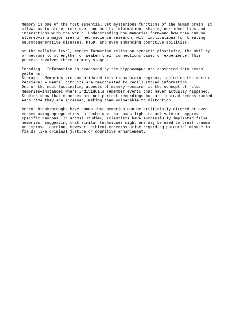 The Science of Memory Formation and Its Manipulation | PDF