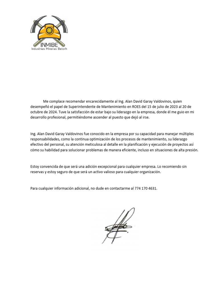 Recomendación para Ing. Alan Garay | PDF