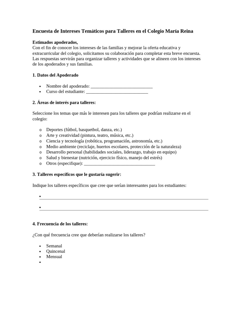 Encuesta de Intereses Temáticos para Talleres en El Colegio María Reina ...