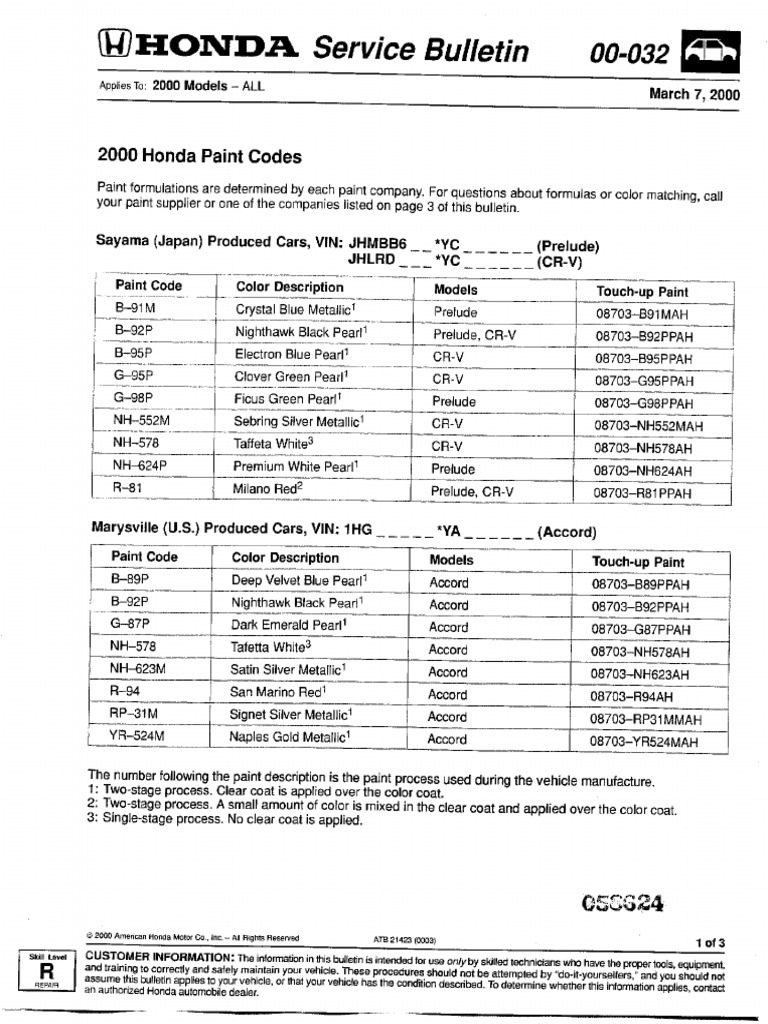 00-032.2000 Honda Paint Codes | PDF