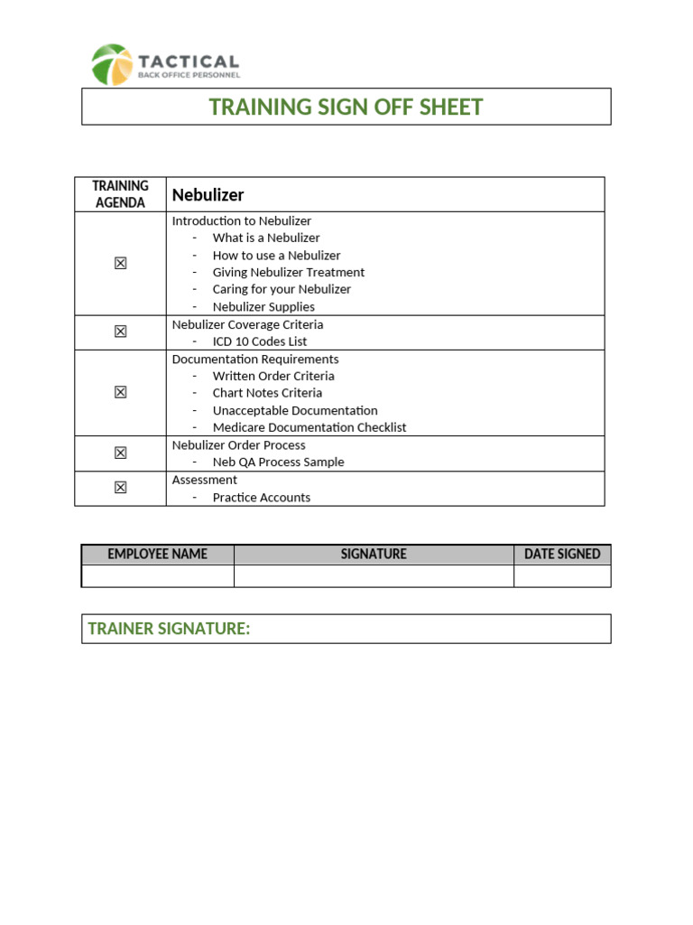Nebulizer Training Sign Off Sheet | PDF